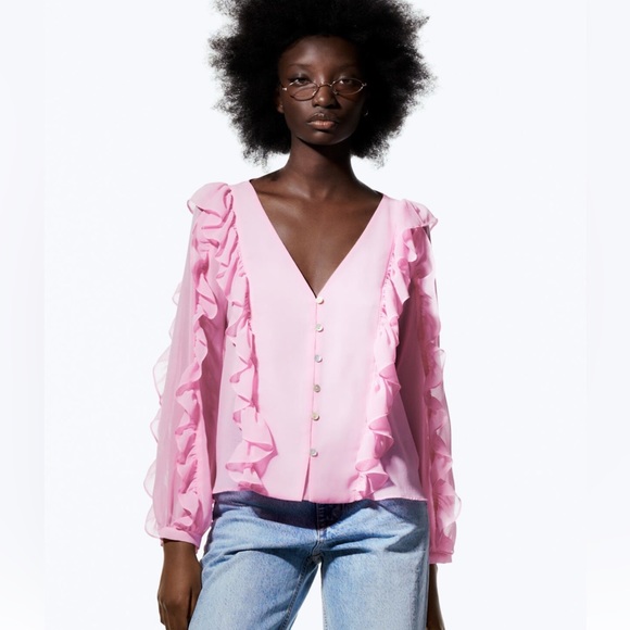 Zara | Tops | Zara Sheer Pink Ruffle Blouse Medium | Poshmark
